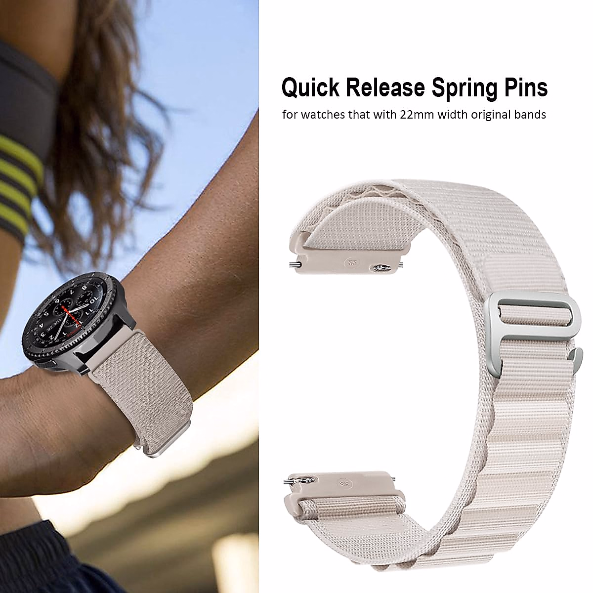 MroTech 22mm Nylon Band Compatible With Samsung Galaxy Watch 46mm (2019)/Watch 3 45mm/Gear S3 Frontier Band Replacement for GT/GT2/2e/GT3/GT4 Pro 46mm Strap for Men Women Alpine Starlight Beige