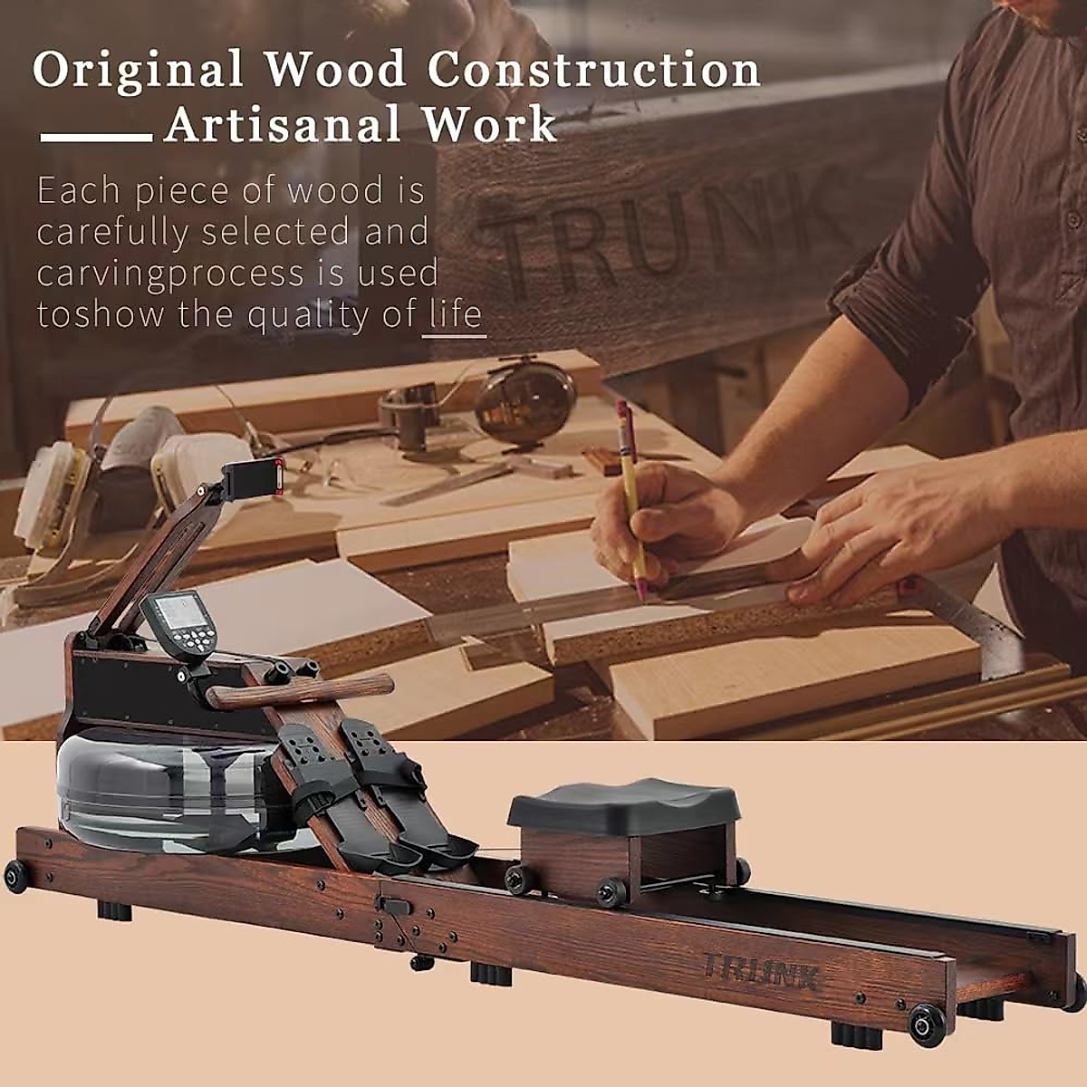 TRUNK Foldable Water Rowing Machine for Home Gym Fitness, Classic Solid Wood Rower Machine with Bluetooth Monitor Whole Body Exercise Cardio Training (Included a Phone Holder)