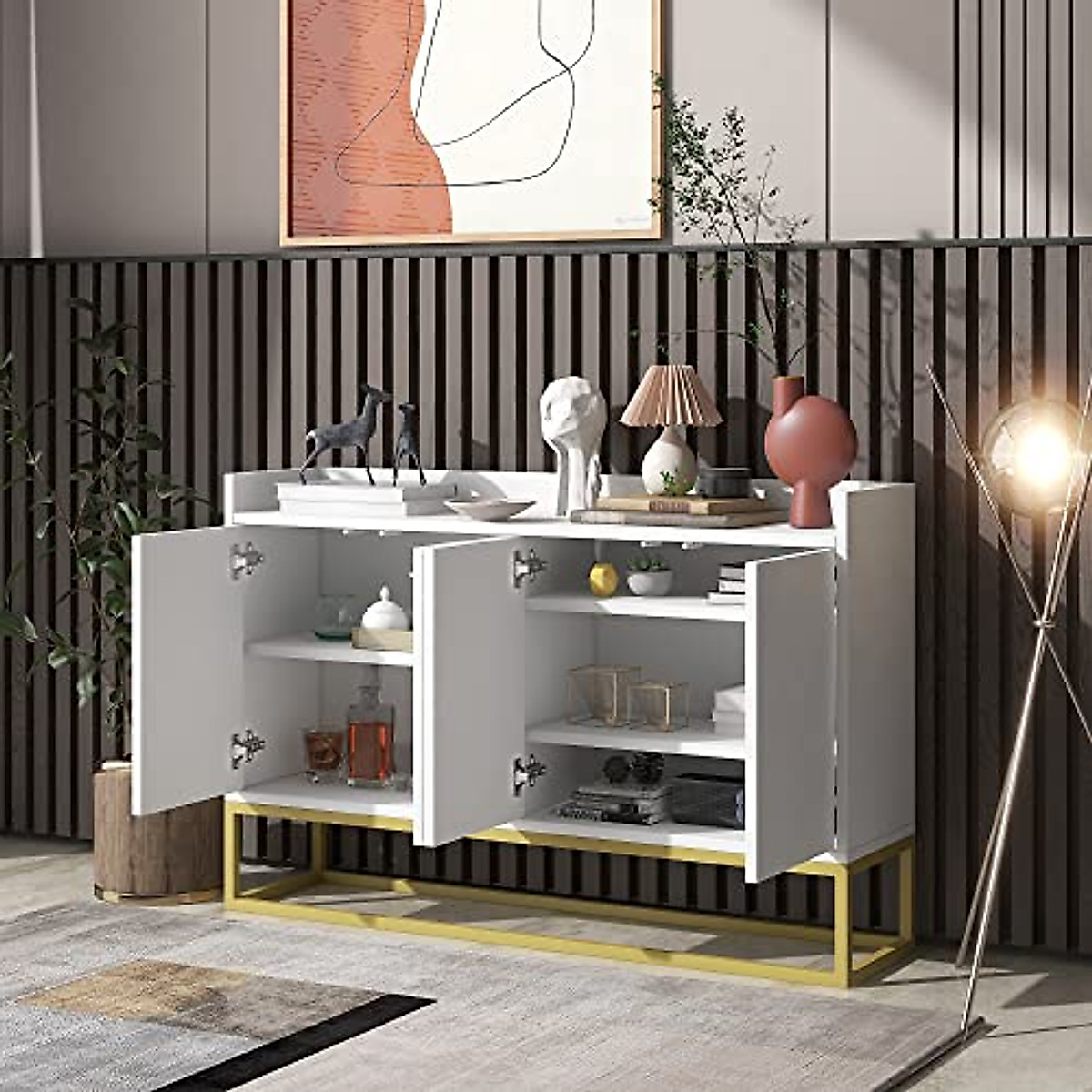 Modern Sideboard Elegant Buffet Cabinet with 4 Doors Storage Cupboard and Display Shelves,Buffet Server Console Table Floor Cabinet with Gold Metal Base for Dining Room/Entryway/Kitchen (White)