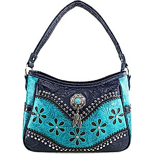 Zelris Floral Western Pu Tooled Leather Turquoise Concho Feathers Conceal Carry Women Hobo Purse Handbag (Turquoise)