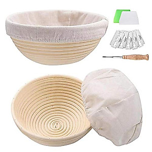 Set of 2 9 inch Round Bread Proofing Baskets Natural Rattan Banneton Sourdough Rising Bowl Basket with Dough Scraper + Bread Lame + Cloth Liner for Bakery Home Bakers