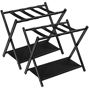 HOOBRO Folding Luggage Racks, Set of 2, Metal Suitcase Stands with Fabric Storage Shelf for Guest Room, 25.4 x 16.5 x 24.2 Inches, Holds up to 100 lb, Closet, Hotel, Bedroom, Black BK05XLP201