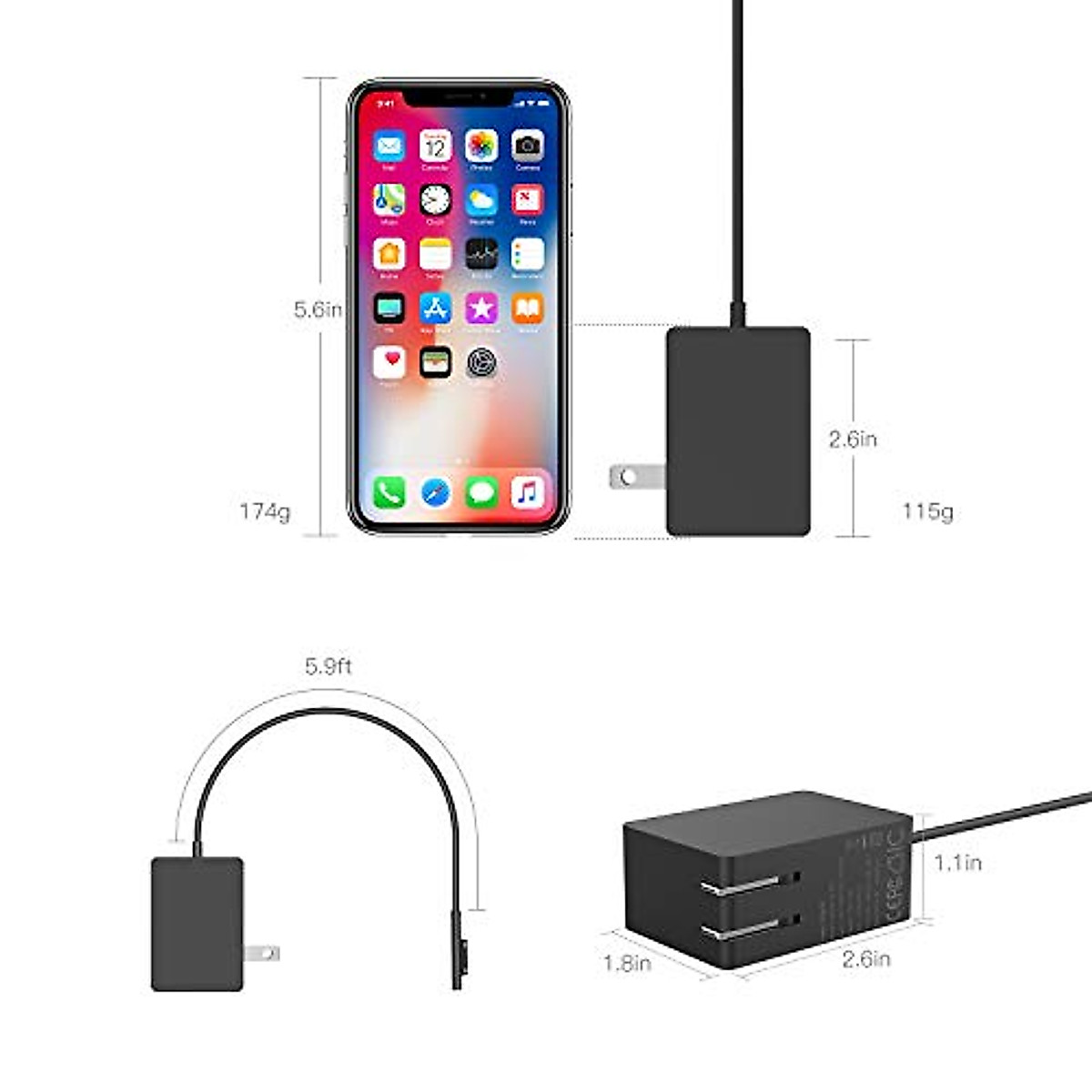 Surface Go Charger, AYNEFF 24W 15V 1.6A Surface Charger Wall Power Supply Compatible with Microsoft Surface Go Surface Pro 6/ Pro 5/ Pro 4/ Pro 3, Surface Laptop, Power Cable 5.9ft Folding Compact