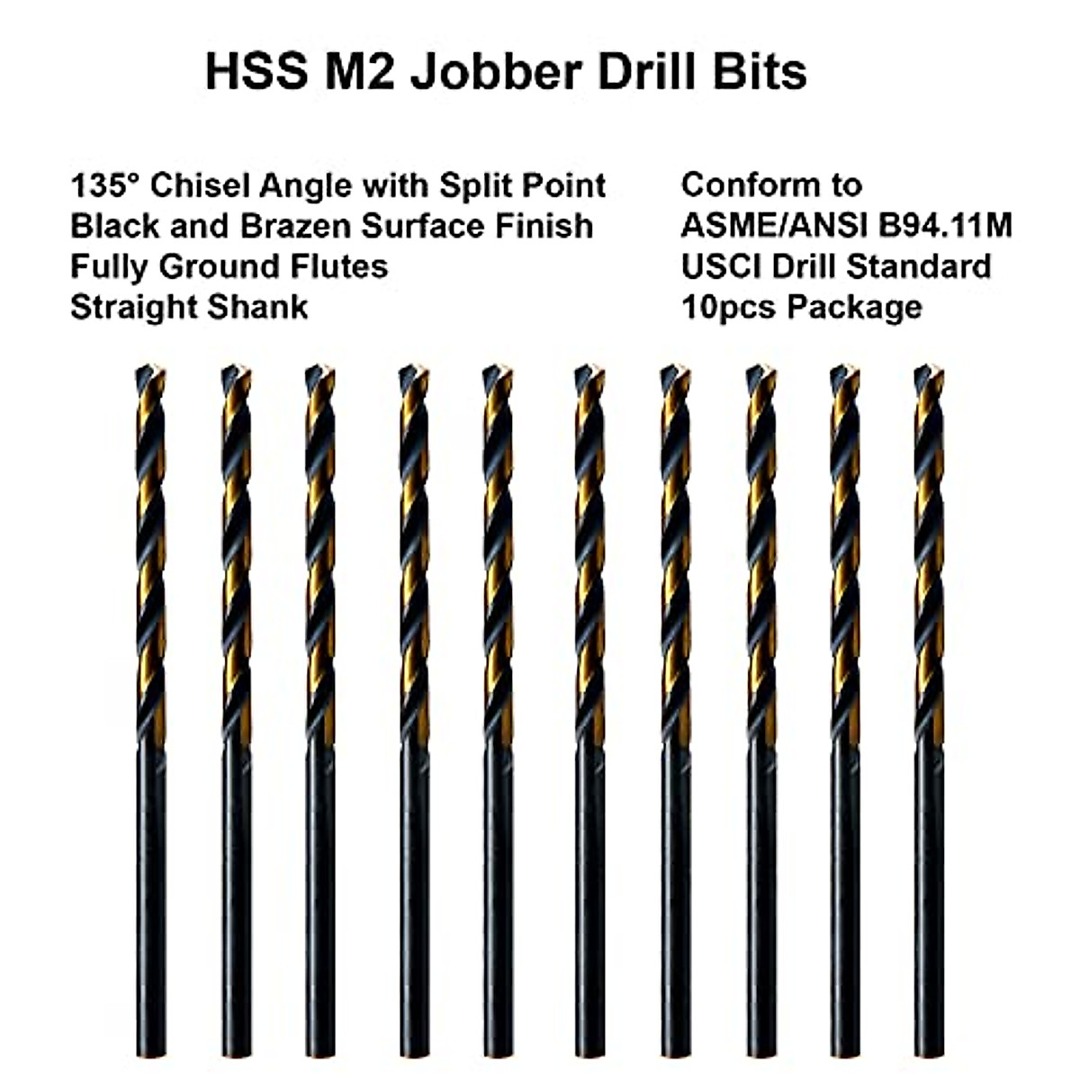 MAXTOOL 3/32" 10pcs Identical Jobber Length Drills HSS M2 Twist Drill Bits Fully Ground Black & Bronze Straight Shank Drills; JBF02H10R06P10