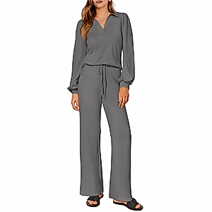 PRETTYGARDEN Women's Fall 2024 Two Piece Tracksuit Outfit Long Sleeve Lapel V Neck Tops Blouses Wide Leg Pants Matching Set (Grey,Large)