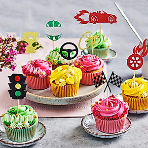 Arthsdite 24 PCS Race Car Cupcake Toppers Traffic Light Steering Wheel Trophy Flag Helmet Racing Car Cupcake Picks for Let's Go Racing Sports Theme Baby Shower Boys Birthday Party Cake Decorations