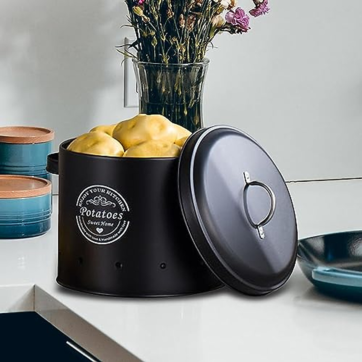 Easnea Potato, Onion & Garlic Kitchen Storage Canisters, Kitchen Vegetable Storage Tins, Rustic Farmhouse Containers, Kitchen Pantry Organizer Tin for Counter Home Kitchen (Black L)