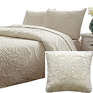 Brandream 5Pcs Beige Paisley Quilted Comforter Set King Size Bed Quilt Set Cotton Bedspread Coverlet Set
