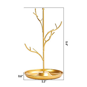 ChezMax Jewelry Display Necklace Earring Organizer Holder Metal Birds Tree Stand with Tray Antique Bracelet Rings Rack Tower Decoration for Women Girl Gold 9.4 Inch