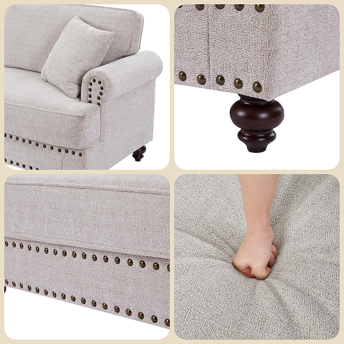 YSJZYBF 61" Chenille Modern Upholstered Sofas Love Seater with Nails and Armrests Mid Century Loveseat Sofas Modern Couch Couches for Living Room Apartment Office Bedroom White