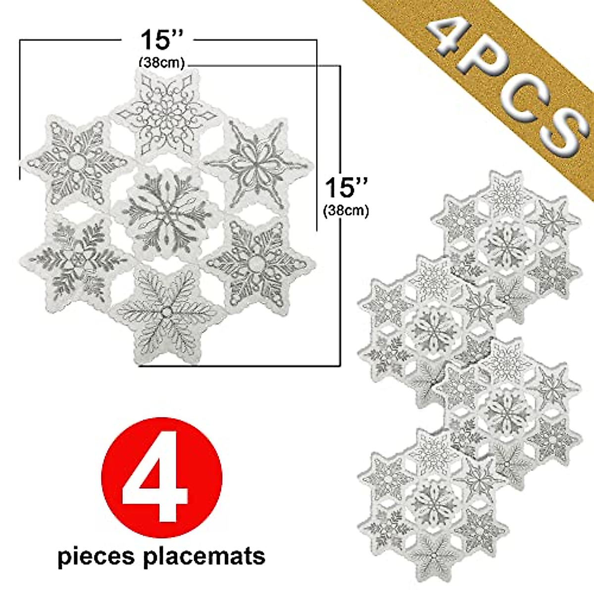 OWENIE Christmas Placemats Set of 4, Metallic Embroidered Cutwork Silver Snowflakes Round Placemats for Dinging Table, Luxury Holiday Tabletop Collections, Winter Table Mats (4pcs, 15 inches Round)