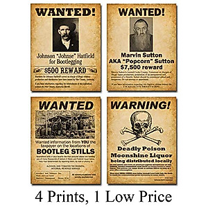 Bootleggers Wanted Posters Art Prints - Set of Four Photos (8x10) Unframed - Makes a Great Bar and Drinking Establishment Decor and Gift Under $20 for Home Brewers
