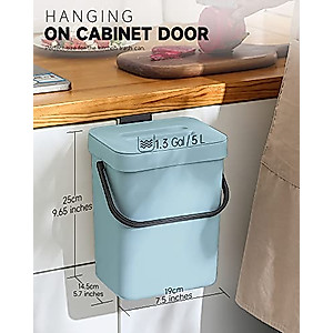 MONGTINGLU 1.3 Gallon Small Trash Can with Lid - Countertop Food Waste Bin, Kitchen Hanging Trash Can for Cabinet Door/Under Sink, Small Garbage Can for Desk, 5L(Subtle Blue)