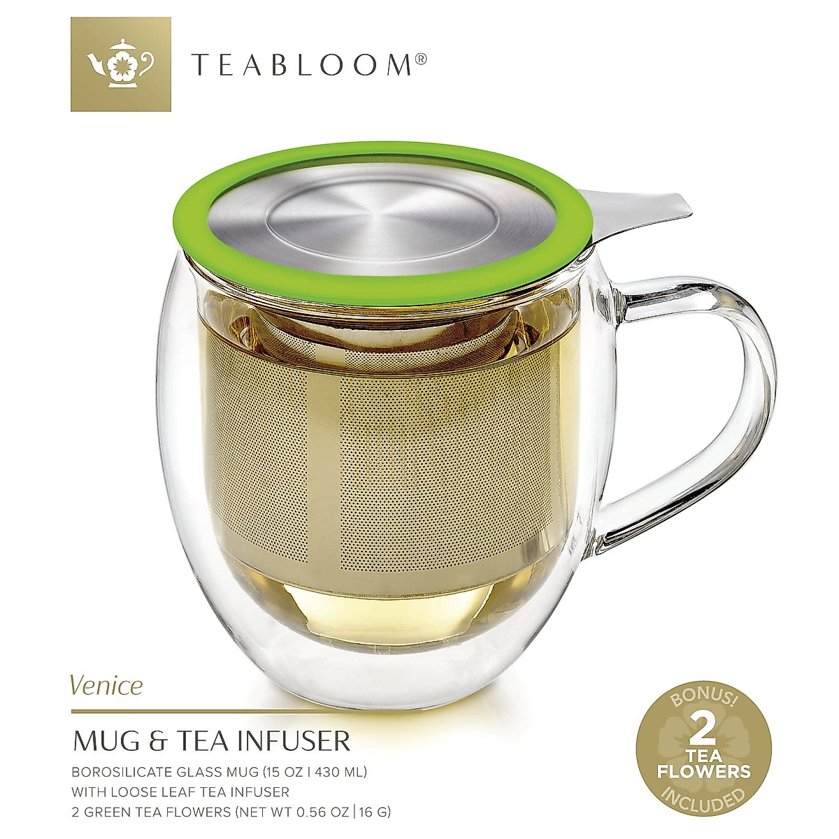 Teabloom Double-Wall Borosilicate Glass Mug with Stainless Steel Infuser and Lid – 15 OZ / 430 ML – 2 Gourmet Tea Flowers Included