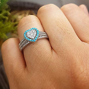 Dazzlingrock Collection Round Turquoise & White Diamond Ladies Heart Shaped Wedding Ring Set in 14K White Gold, Size 7