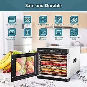 Dehyber Upgraded Dehydrators for Food and Jerky(67 Recipes),8 Stainless Steel Trays Dryer Machine with 24H Adjustable Timer and Temperature Control,Dehydrator for Meat Beef Herb Fruit Vegetable Nut Dog Treats-Overheating Protection 700W
