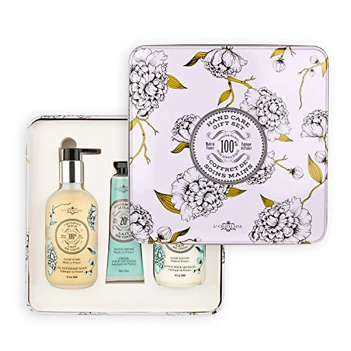 La Chatelaine Hand Care Gift Set | Hand Wash & Hand Lotion 8 oz. in frosted glass bottles, Hand Cream 2.3 oz. | Made in France | Graduation Present | Teacher Gift (Coconut Milk)