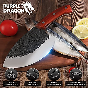 Purple Dragon Aquatic Fish Knives Fish Fillet Knife Sharp Slaughter Fish Special Knife Seafood Professional Tool Fish Knife Kitchen Knife Hammered forging Full Tang Carbon Steel Meat Cleaver