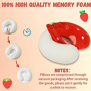 Kids Neck Pillow for Travel with Sleep Eye Mask, Cute Travel Neck Pillow, Memory Foam Flight Sleeping Headrest Pillow for Boys & Girls, Airplane, Train, Car, Home Use - Red Strawberry