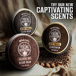 Viking Revolution 4 Beard Balm Variety Pack (1oz Each)- Sandalwood, Pine & Cedar, Bay Rum, Clary Sage - Beard Butter Styles, Strengthens and Softens Beards and Mustaches - Beard Wax for Men