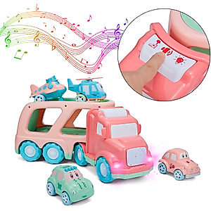 KOODER Cartoon Car Toys Set for 3 4 5 6 Years Old Toddlers Kids, Pink Truck ​with Sound and Light, Pink Car Toy Set in Friction Powered Carrier Truck, Christmas Birthday Gifts for Boys and Girls