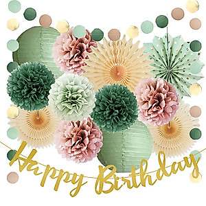 Sage Green and Dusty Pink Birthday Decorations Paper Lanterns Sage Green Cream Paper Fans Dusty Rose Tissue Paper Pom Poms Sage Green Pink Birthday with Happy Birthday Banner Gold for Girls Women