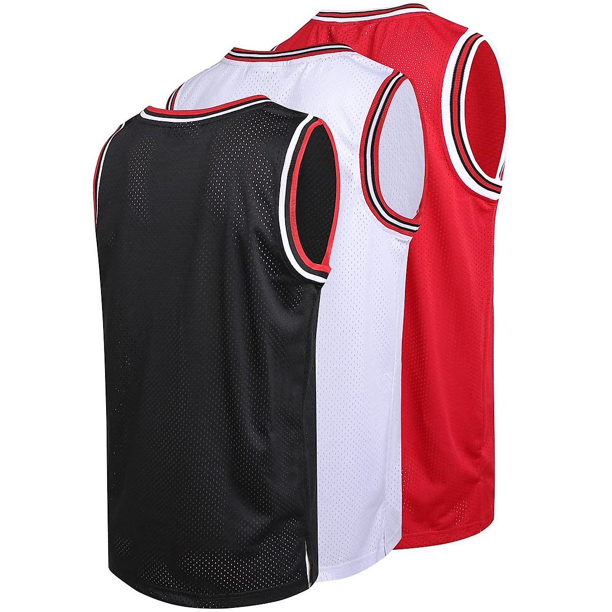 Pack of 3 Men's Basketball Jerseys Mesh 80s 90s 00s 10s Hip-Hop Shirts Classic Retro Tank Tops,Black/Red/White Jersey,Men Size Medium