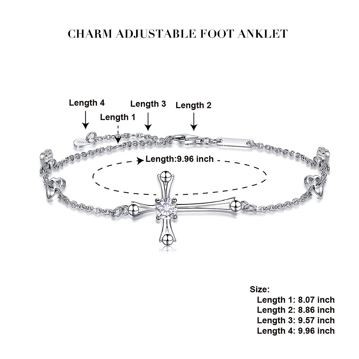 Cross Ankle Bracelet For Women, 925 Sterling Silver Charm Adjustable Foot Anklet, Large Cross Bracelet (One Cubic Zirconia Diamond Cross)
