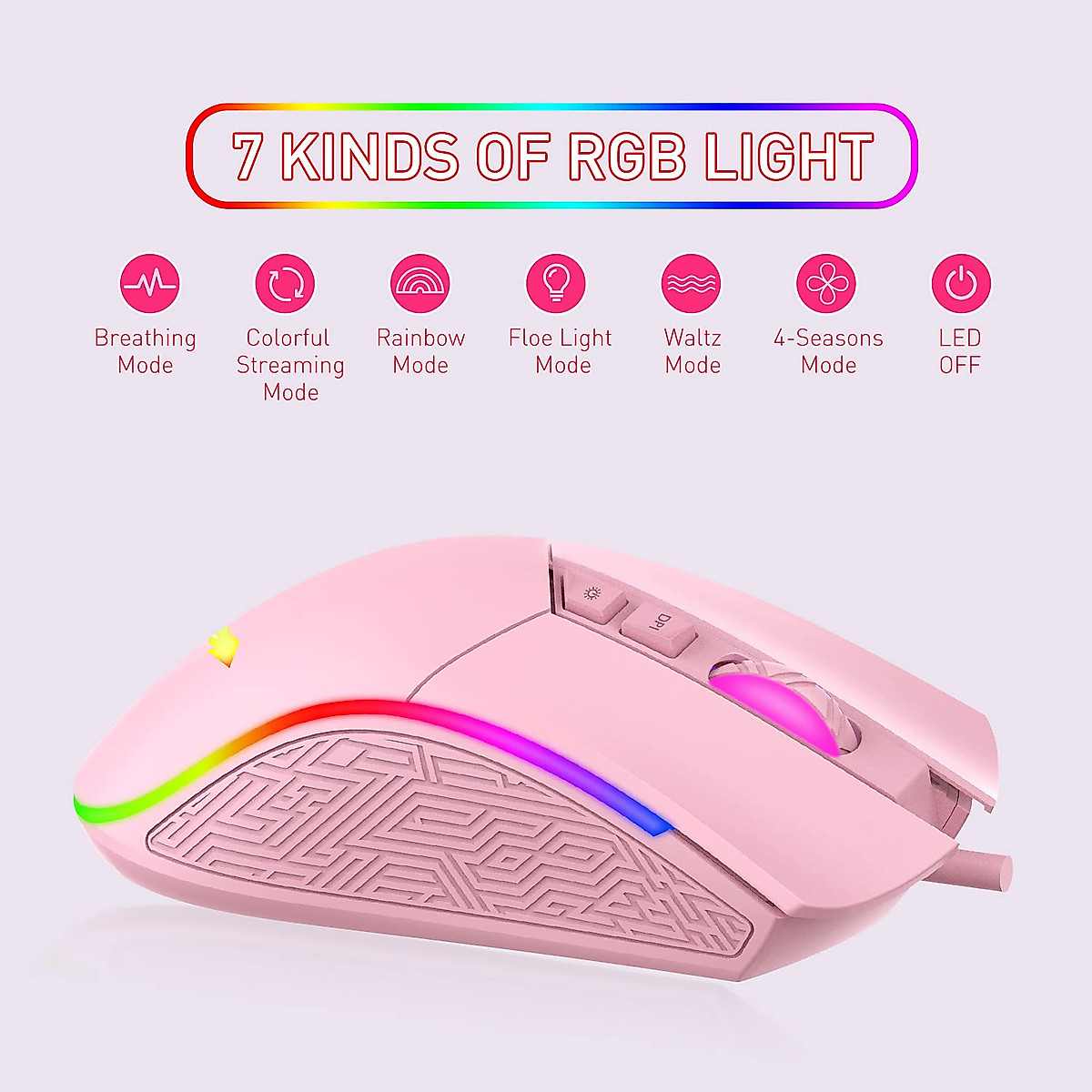 havit RGB Gaming Mouse Wired Programmable Ergonomic USB Mice 4800 Dots Per Inch 7 Buttons & 7 Color Backlit for Laptop PC Gamer Computer Desktop (Pink)