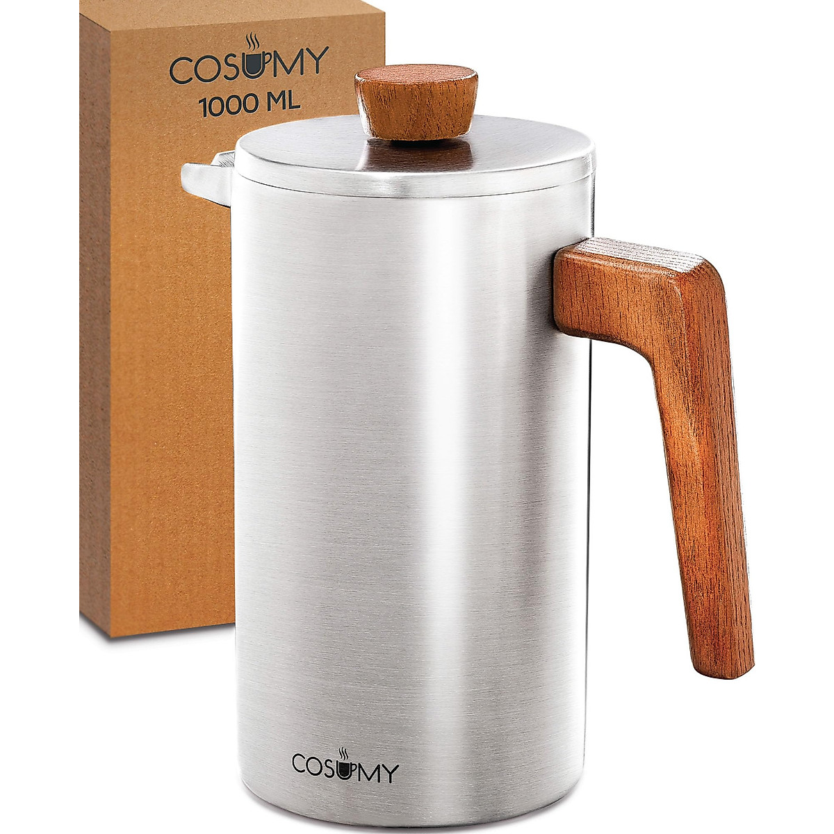 French Press Coffee Maker 34 oz - Made of Stainless Steel & Sustainable Oak Wood - Double-Walled Insulated - 2 Additional Filters - For 5 Cups