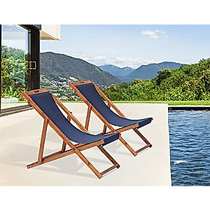 Beach Chair Lounge Chair 2 Set Outdoor Wooden Patio Beach Sling Chair Adjustable Portable Folding Chairs for Outside with Polyester Canvas Lounging Chair for Garden, Backyard, Poolside, Balcony(Blue)