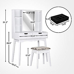 LYNSLIM Vanity Desk, Makeup Vanity with Mirror & LED Lights，Makeup Vanity Table with 2 Drawers & 4 Storage，Small Vanity Set Storage Stool for Dressing Bedroom (White, Extra)