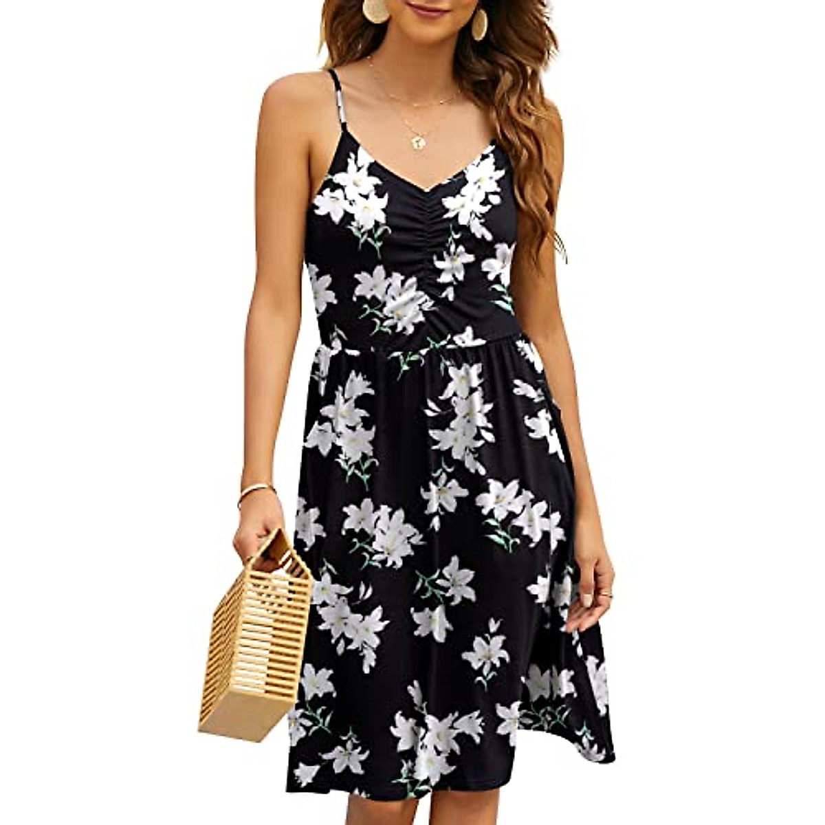 YATHON Casual Dresses for Women Sleeveless Cotton Summer Beach Dress A Line Spaghetti Strap Sundresses with Pockets (M, YT090-Black Floral 01)