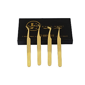 Eyelatic Lash Tweezers, Eyelash Extension Tweezers Set of 4 Volume Tweezers False Eyelash Applicator For Light Volume or Mega Volume Fans Lash Extension Golden