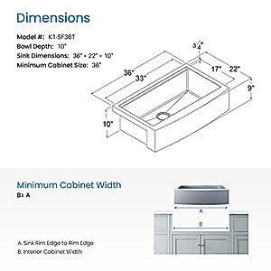 KIBI K1-SF36T Single Bowl Stainless Steel Farmhouse Kitchen Workstation Sink Apron Front 36 inch with Bottom Grid, Strainer, Solid Oak Cutting Board and Colander | 10" Deep Bowl | 3.5" Drain Opening