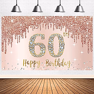 Happy 60th Birthday Banner Backdrop Decorations for Women, Rose Gold 60 Birthday Party Sign Supplies, Pink Sixty Year Old Birthday Poster Background Photo Booth Props Decor