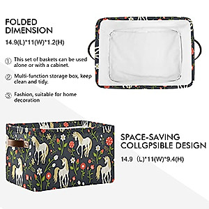 KLL Storage Bins Large Foldable Floral Pattern with Magic Unicorns Storage Basket with Leather Handles for Home Office Closet or Shelves