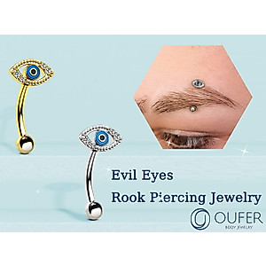 OUFER 16G Rook Earrings, 316L Surgical Steel Eyes Rook Piercing Jewelry, Clear CZ Paved Eyebrow Rings, Curved Barbells, Vertical Labret Lip Piercing Jewelry