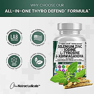 Selenium 300mcg Zinc 50mg Iodine 500mcg L Tyrosine 500mg Ashwagandha 6000mg - Thyroid Support Supplement for Women and Men with Bladderwrack, Turmeric, Kelp, Schisandra - Made in USA 60 Caps