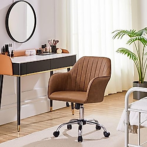 Yaheetech Modern Faux Leather Desk Chair Height Adjustable Task Chair Swivel Office Chair Makeup Chair Computer Chair Mid Back Chair Living Room Chairs with Arms Retro Brown