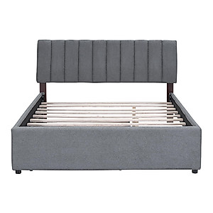 Brisca Queen Size Teddy Fleece Upholstered Platform Bed with Trundle and LED Light,Bed Frame W/Stripe Headboard,for Bedroom,Apartment,Guest Room,Gray