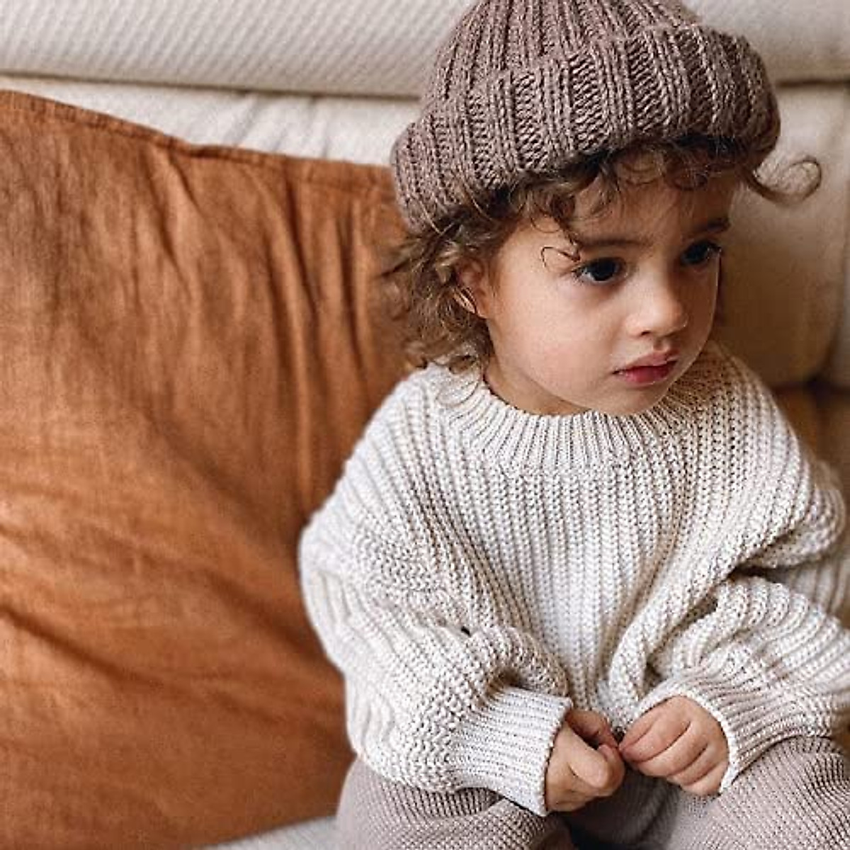 Toddler Baby Girl Boy Knitted Sweater Long Sleeve Solid Color Pullover Crewneck Sweatshirt Top Fall Winter Clothes (Beige, 2-3T)