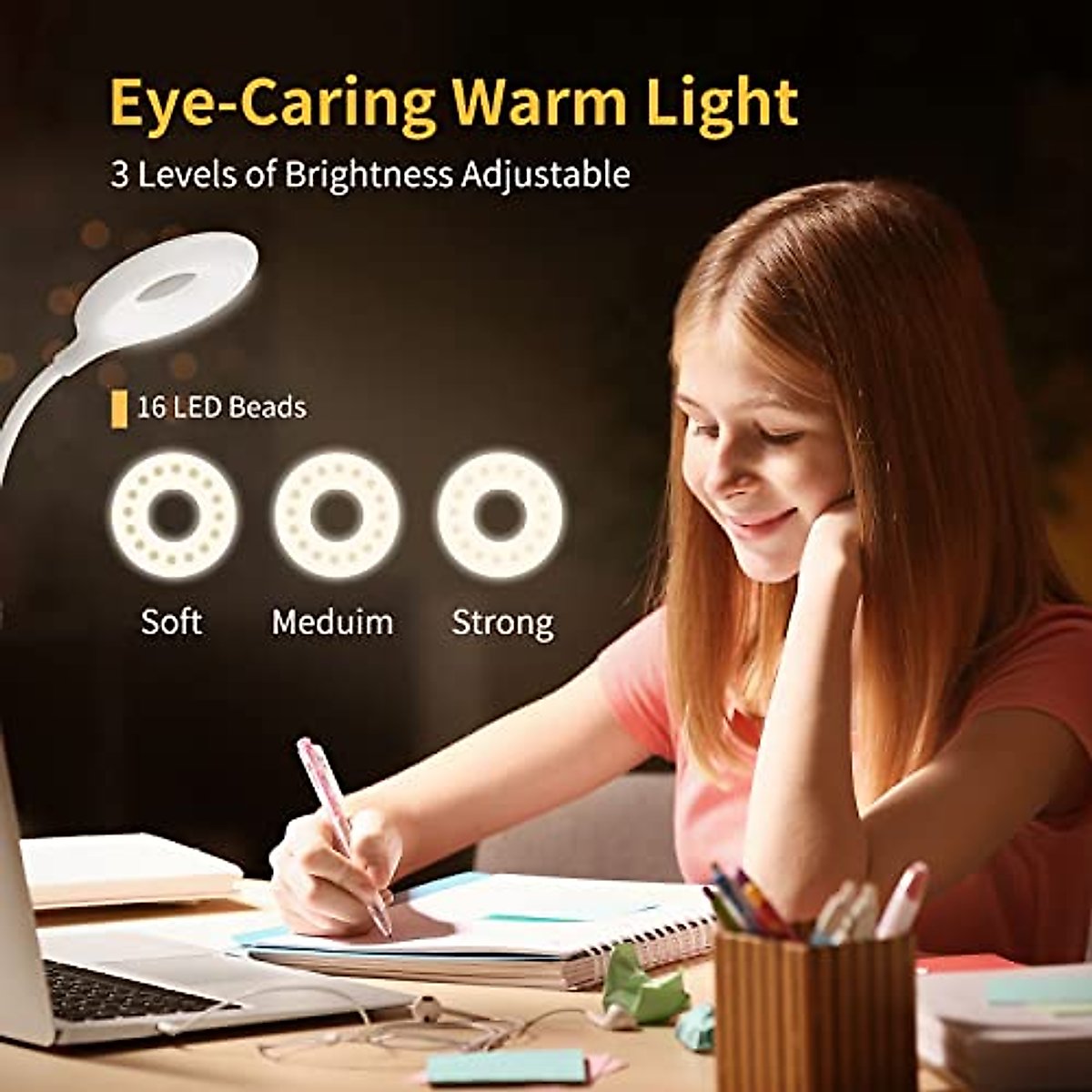 KLEAH Clip on Light for Bed & Desk, Reading in Bed, Dorm, Flexible Gooseneck, Battery Operated Rechargeable Clamp Lamp for Headboard, Eye-Caring LED Light with 3 Brightness Modes