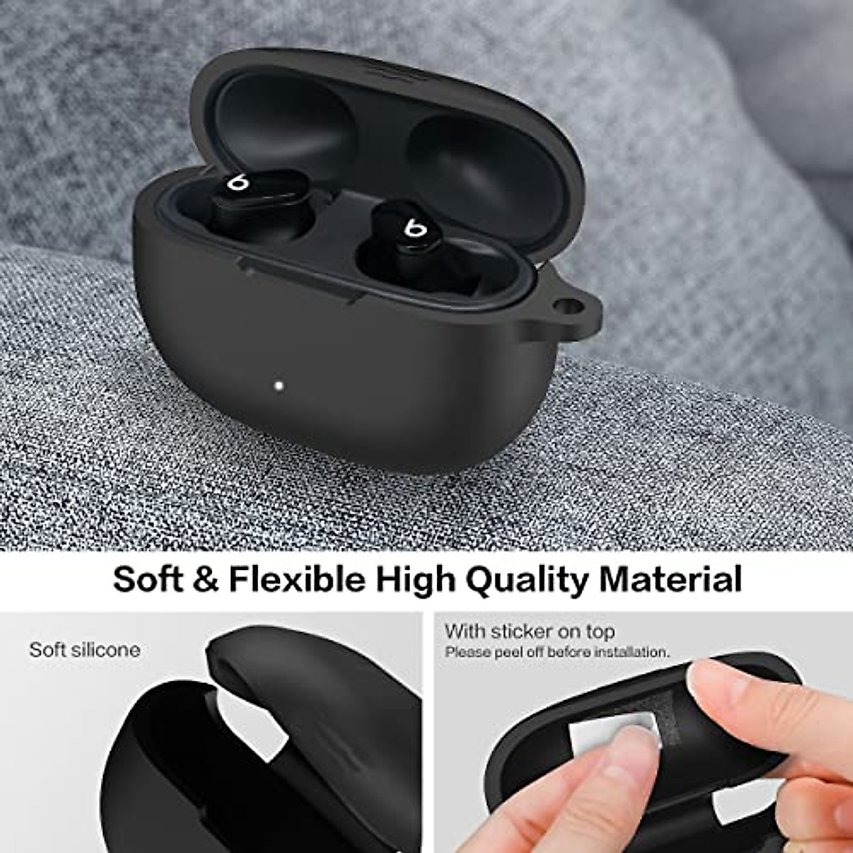 Alquar Case Cover for 2021 Beats Studio Buds Case, [5 in 1] Accessory Kit Silicone Protective Skin Sleeve for Beats Studio Buds 2021 Case with Keychain/Anti-Lost Strap/Ring/Brush (Black)