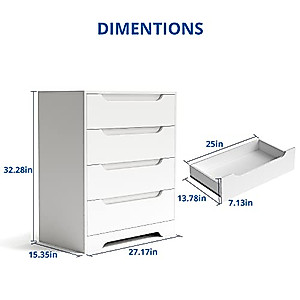 Cozy Castle 4 Drawer Chest, Mid Century Nightstand with Cutout Handle, Accent Drawer Dresser, Wood Storage Cabinet with Drawers for Bedroom Living Room Home Office Entry, White
