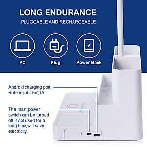 Small LED Desk Lamp with Pen/Phone Holder Function, Rechargeable Desk Light with Flexible Gooseneck, 3 Color Modes, Stepless Dimming, Eye Caring, Small Study Lamp for Dorm, Bedroom (Max Height 14 IN )