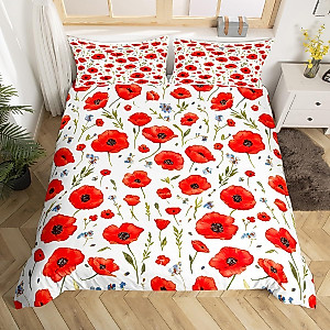 Feelyou Red Poppy Bedding Duvet Cover Set King Size Floral Flower Blossom Printed Bedding Set for Kids Boys Botanical Branches Comforter Cover Set Spring Garden Bedspread Cover,No Comforter