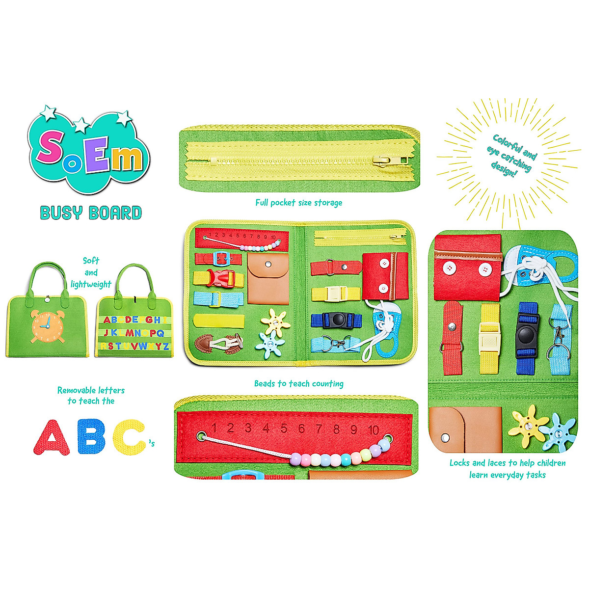 SoEm Busy Board Montessori toy Sensory Educational toy for 1 2 3 4 5 6 years Activity book for basic dress skills and fine motor for Travel plane and car, 16 activities in 1 Gifts for Girls and Boys