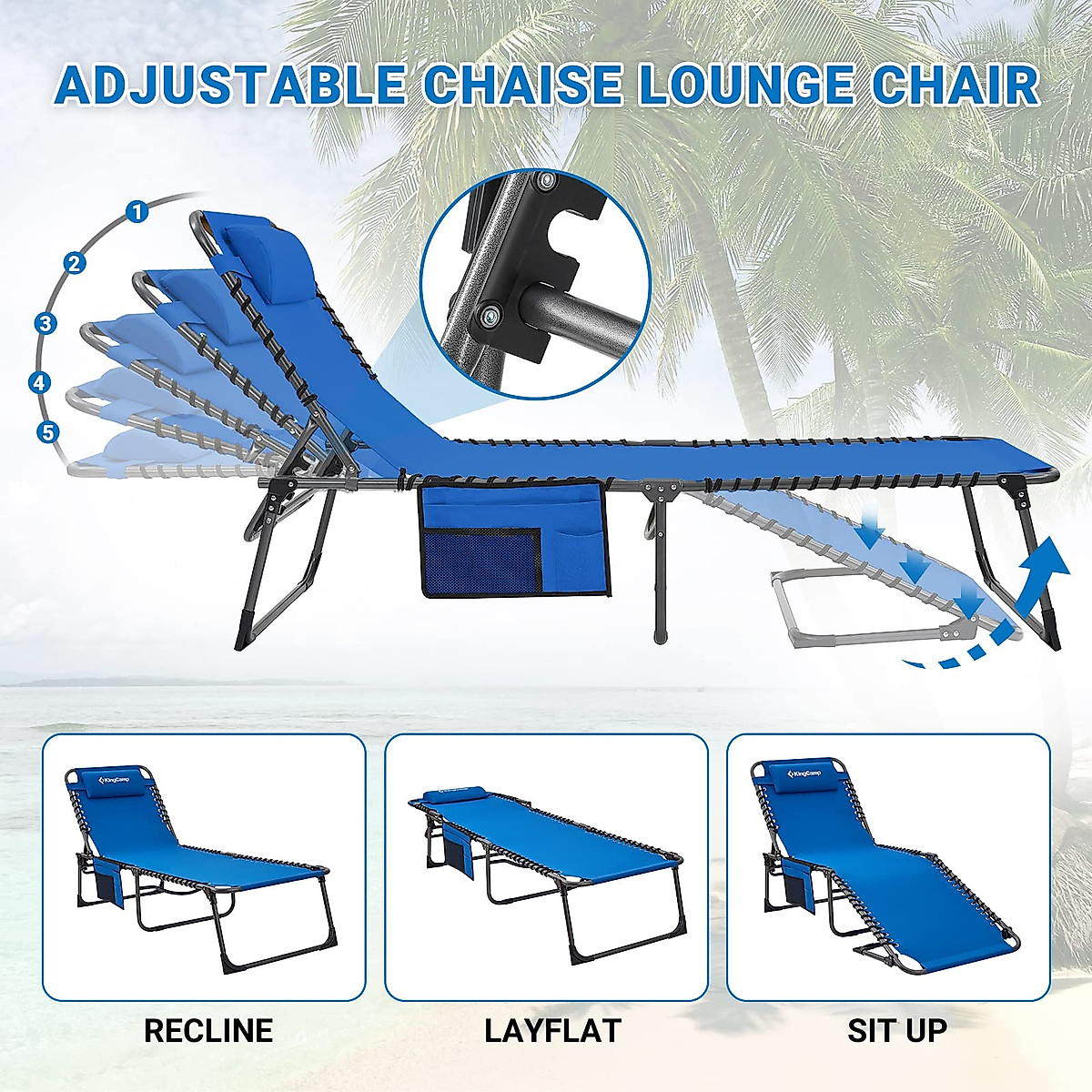 KingCamp Outdoor Adjustable Tri-fold Chaise Lounge Chair for Patio Beach Sunbathing Tanning Pool Camping, Blue