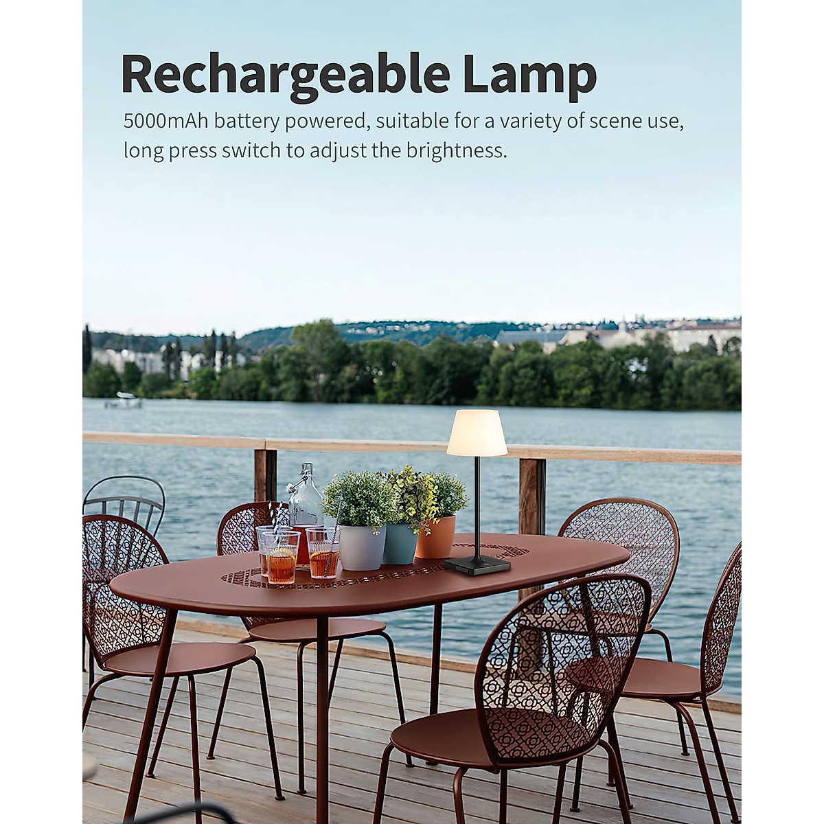 VISDANFO Outdoor Cordless Portable Table Lamp,5000mAh Rechargeable Battery Operated Dimming LED Desk Lamp,IP44 Waterproof,Modern Night Light for Camping Restaurant Bedroom Bars Home Party(Black)